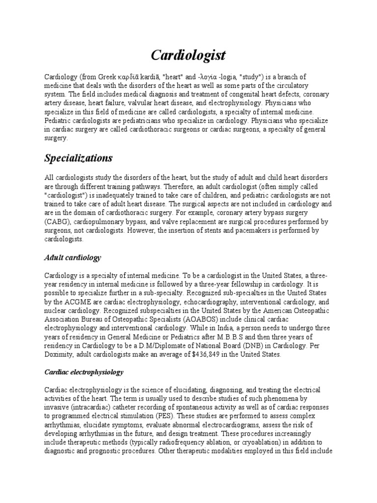 Cardiologist: Specializations | PDF | Cardiology | Congenital Heart Defect