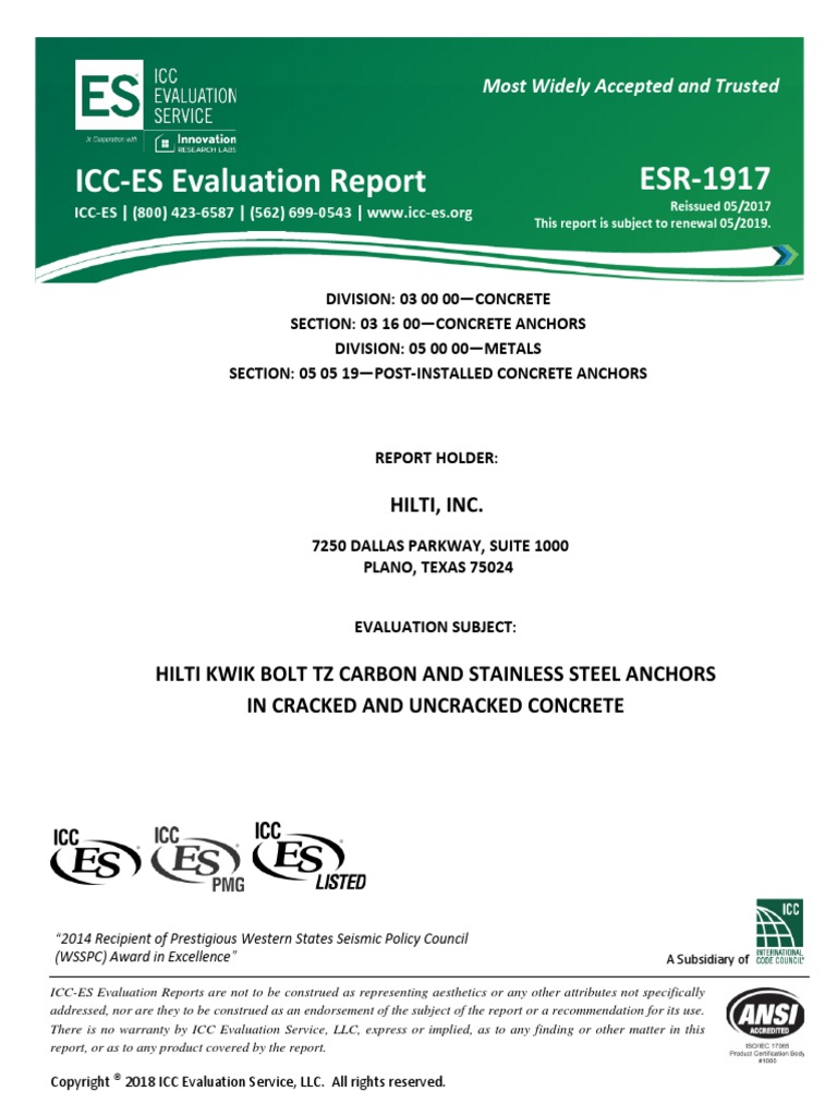 ICC-ES Evaluation Report ESR-1917: Hilti, Inc | PDF | Strength Of ...