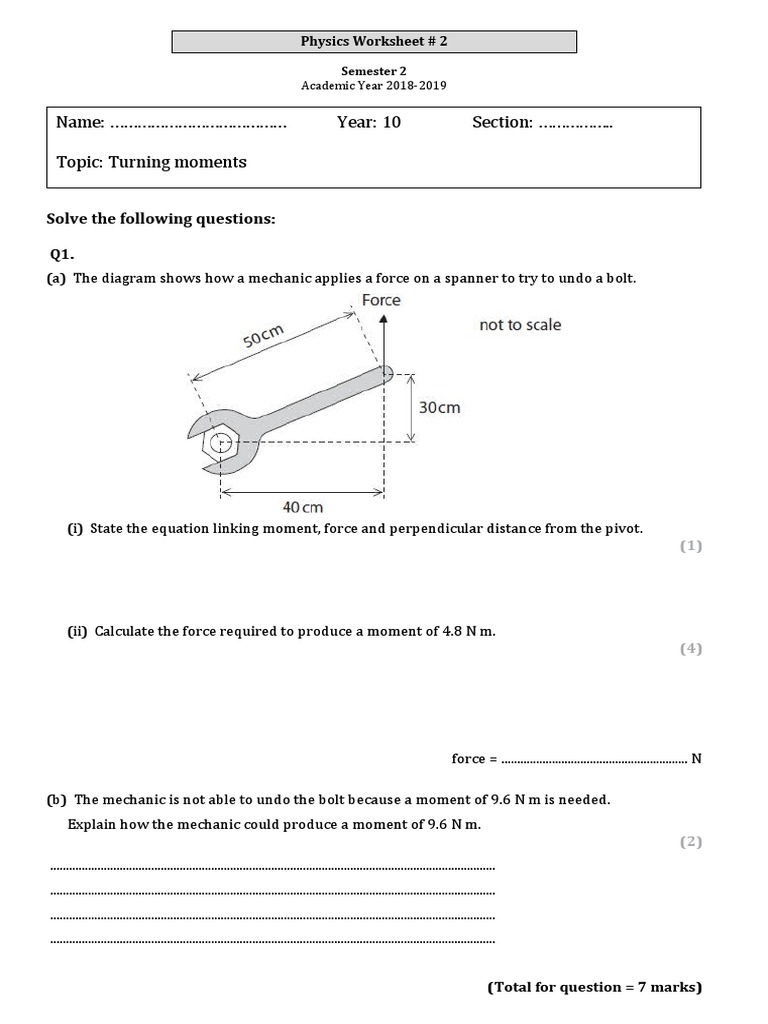 Turning Moments With Answers-Year 10 | PDF | Lever | Force