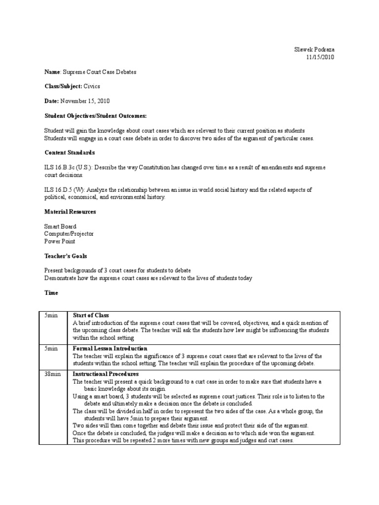 Lesson Plan Court Cases | PDF | Teachers | Supreme Court Of The United ...