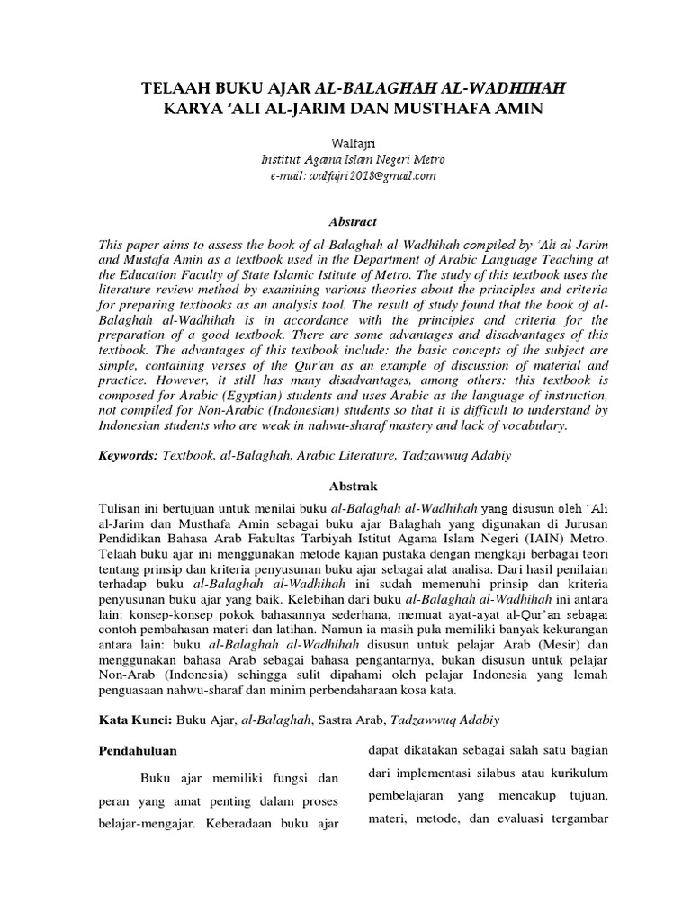 Telaah Buku Ajar Al-Balaghah Al-Wadhihah Karya Ali Al-Jarim Dan ...