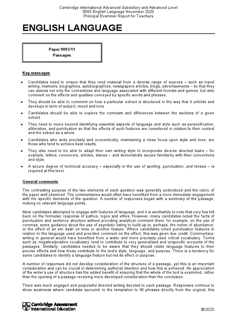 English Language: Paper 9093/11 Passages | PDF | Writers | Question