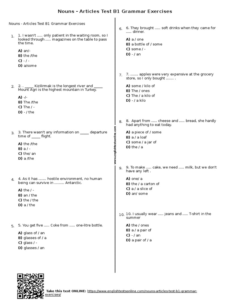 Nouns - Articles Test B1 Grammar Exercises | PDF | Beverages | Foods