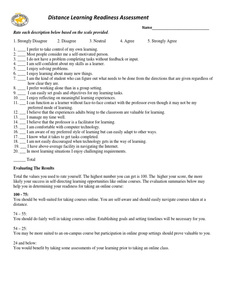 Distance Learning Readiness Quiz | PDF | Educational Technology ...