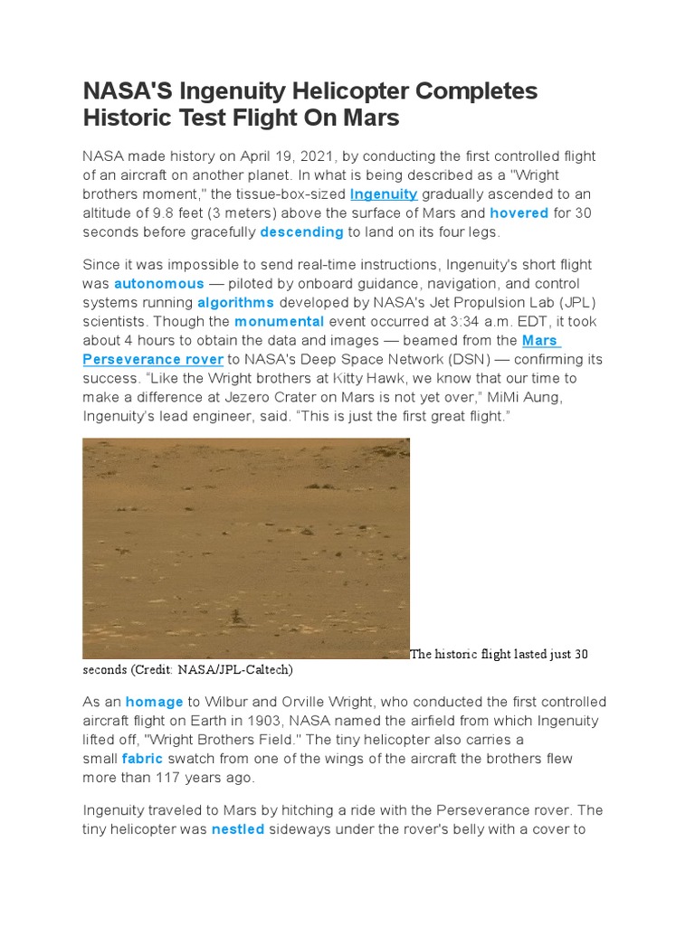 NASA Ingenuity Helicopter Completes Historic Test Flight On Mars | PDF ...