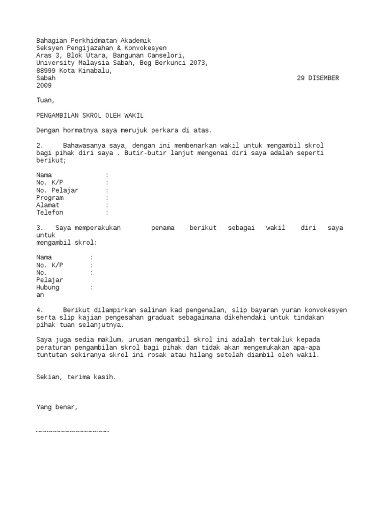 Surat Contoh Bagi Pengambilan Skrol Oleh Wakil Graduan | PDF