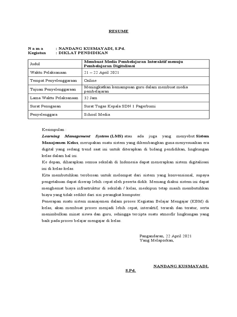 Contoh Resume Diklat Pendidikan Guru | PDF