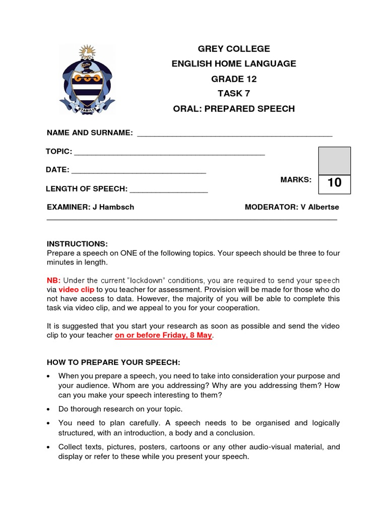 Grey College English Home Language Grade 12 Task 7 Oral: Prepared ...