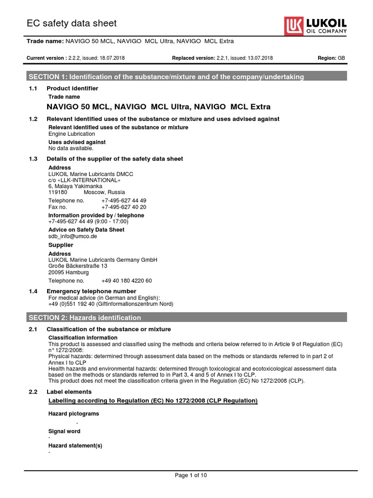 Sds Navigo MCL 50 Ultra Extra en | PDF | Toxicity | Personal Protective ...