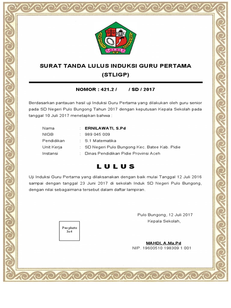 Surat Tanda Lulus Induksi Guru Pertama | PDF