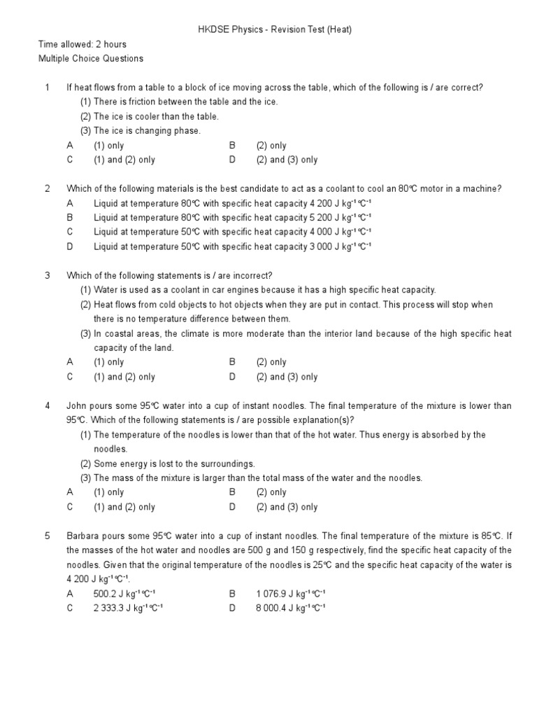 HKDSE Physics Heat Revision Test | PDF | Latent Heat | Heat Transfer