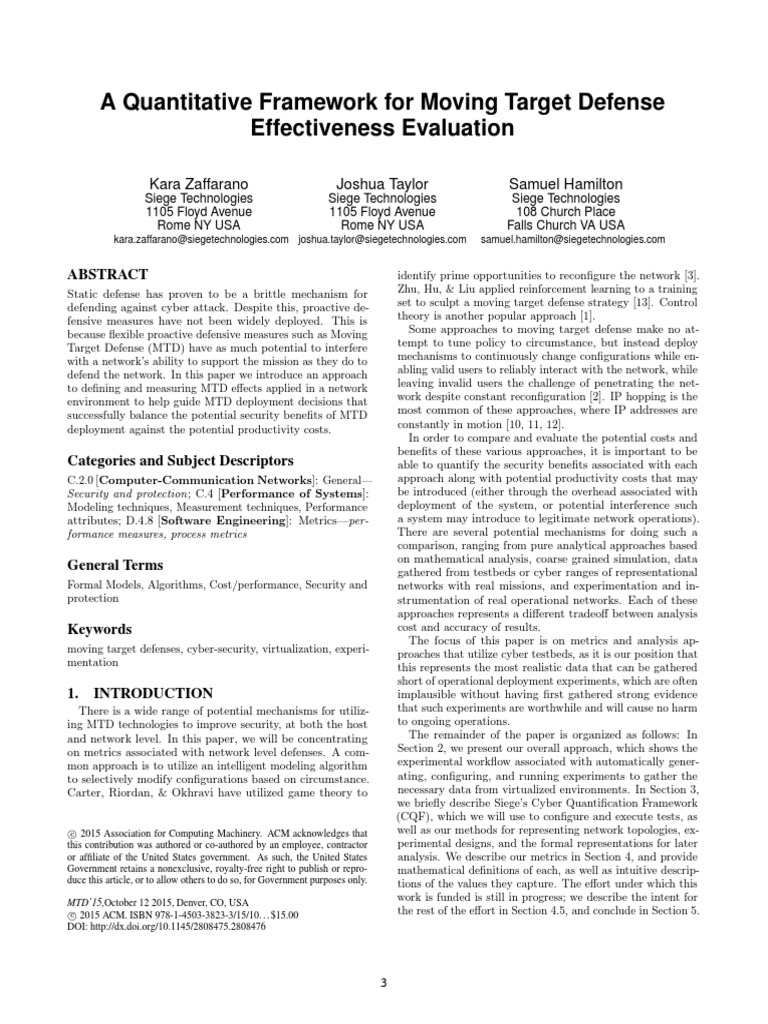 A Quantitative Framework For Moving Target Defense | PDF | Computer Security | Security