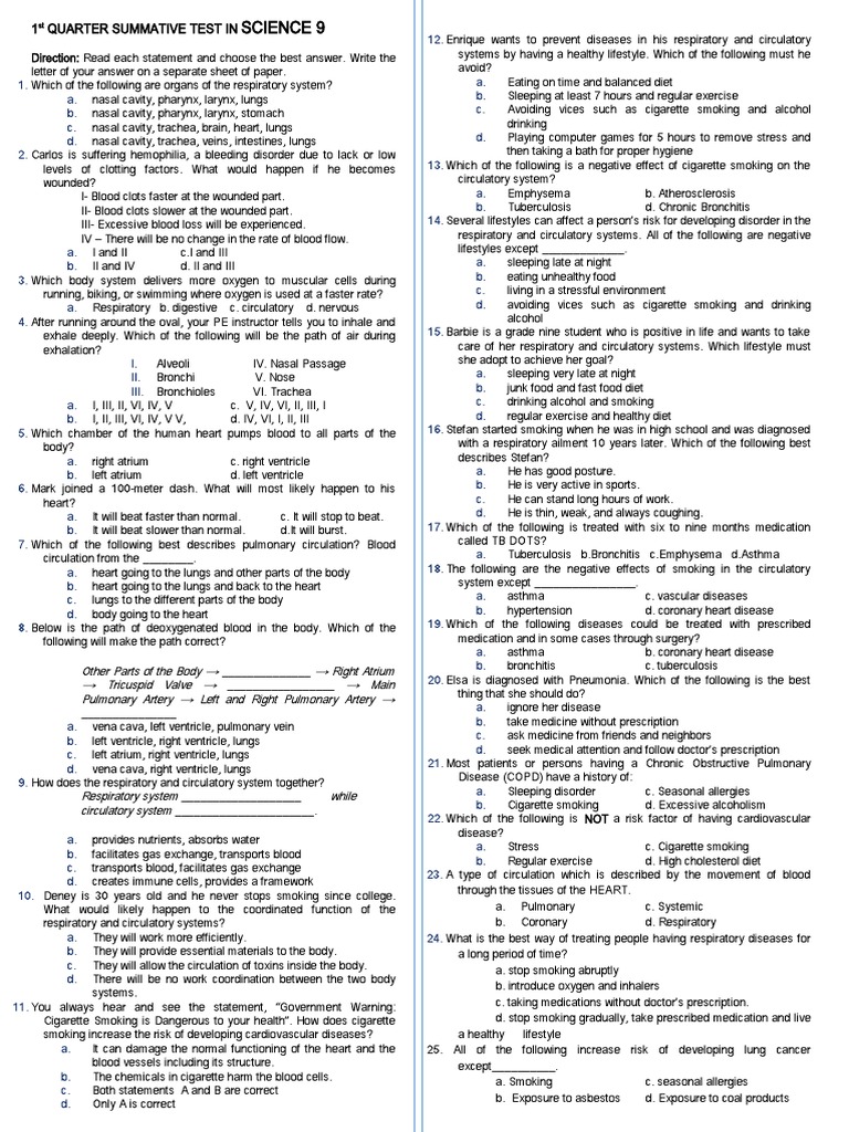Summative Test in Science 9 | PDF | Dominance (Genetics) | Circulatory ...