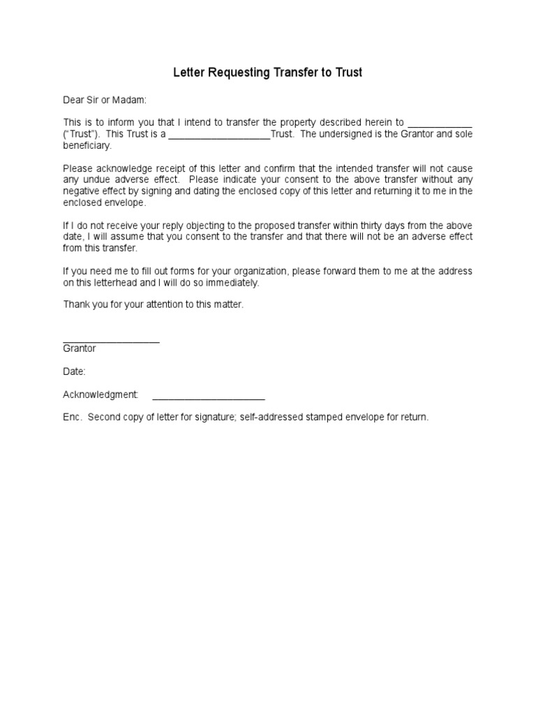 Letter Requesting Transfer To Trust | PDF