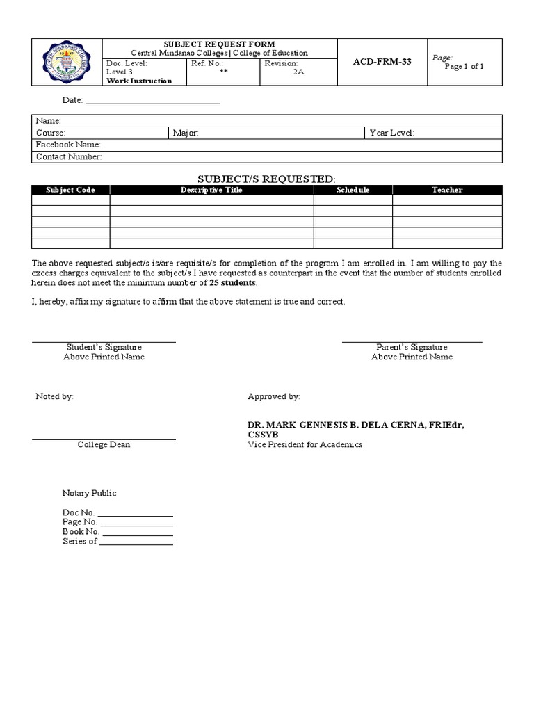 CMC - Subject Request Form | PDF