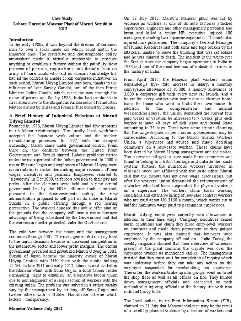 Maruti Manesar Plant Case Study | PDF | Wage And Pension | Economies