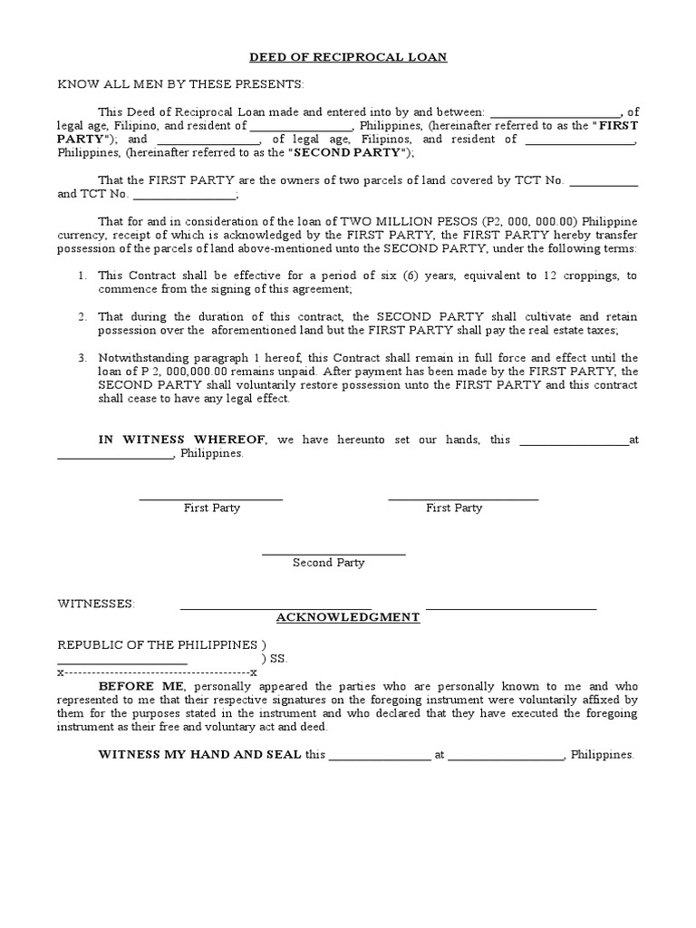 DEED OF RECIPROCAL LOAN New | PDF | Civil Law (Legal System) | Common Law