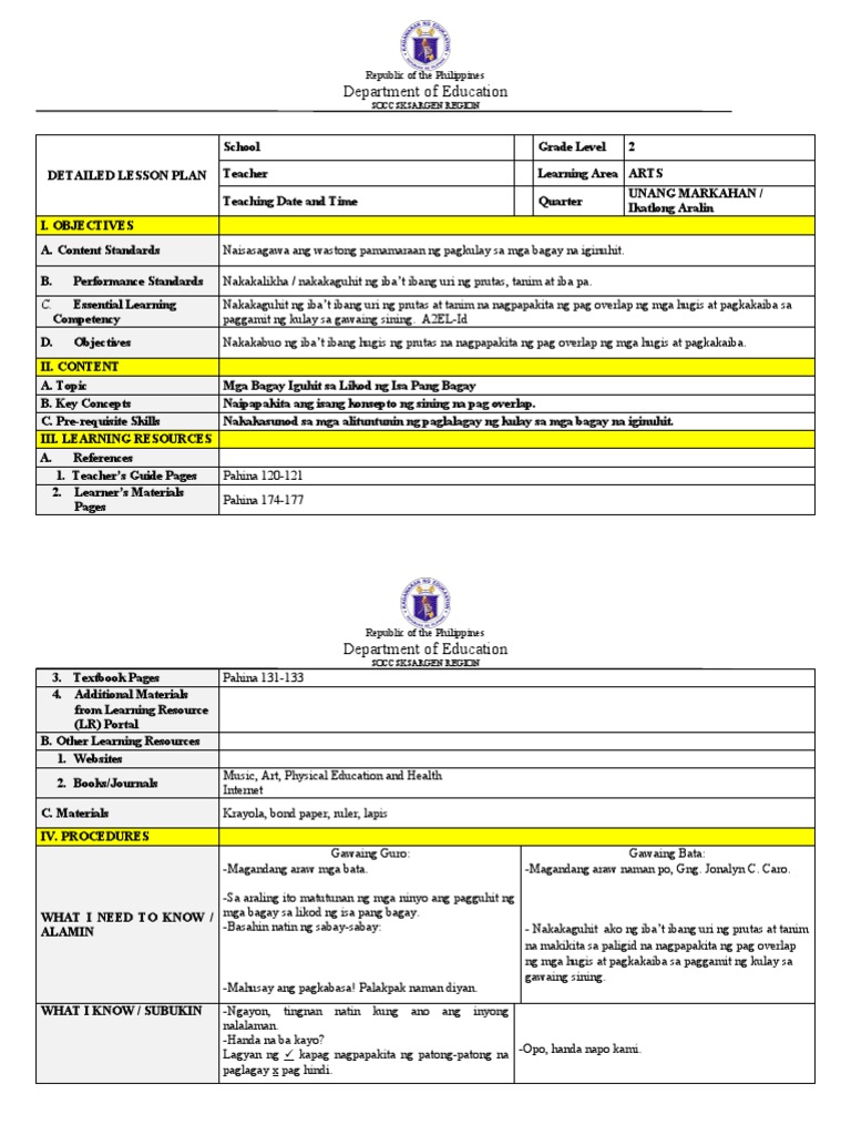 Edited Detailed Lesson Plan Arts QI L3 | PDF
