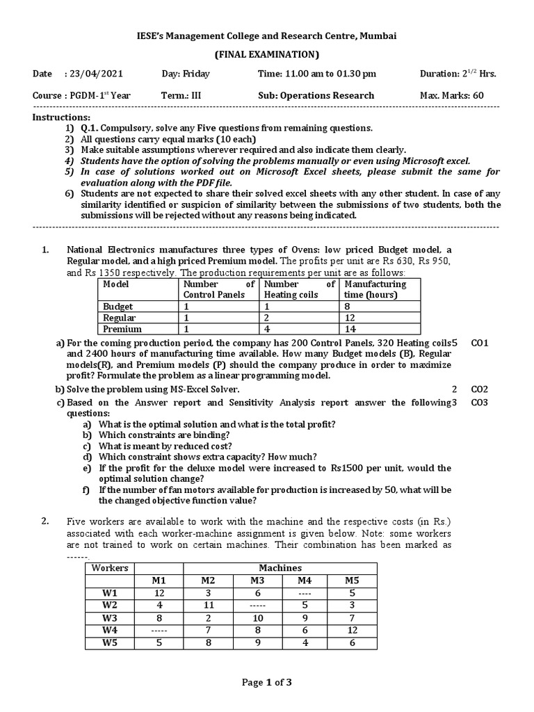 Operations Research Exam Paper 2021 | PDF | Applied Mathematics | Economies