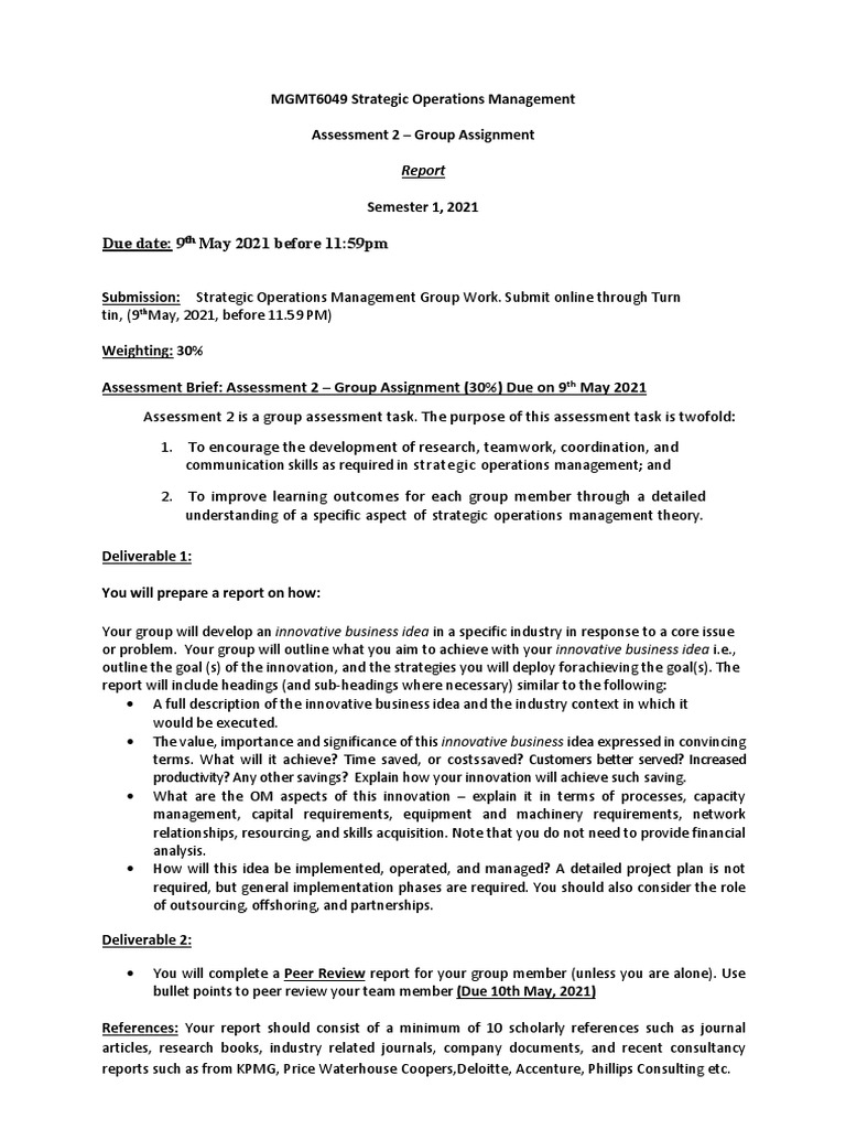 MGMT6049 Strategic Operations Management Assessment TWO Brief | PDF ...