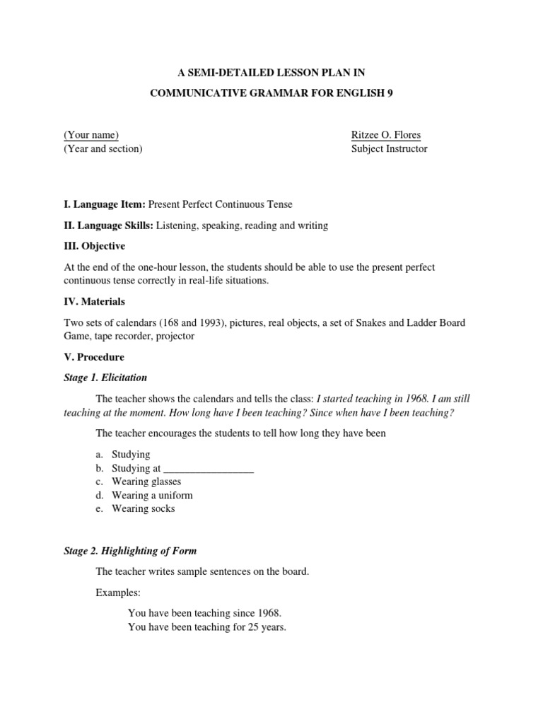 Lesson Plan: Present Perfect Continuous | PDF | Grammatical Tense ...