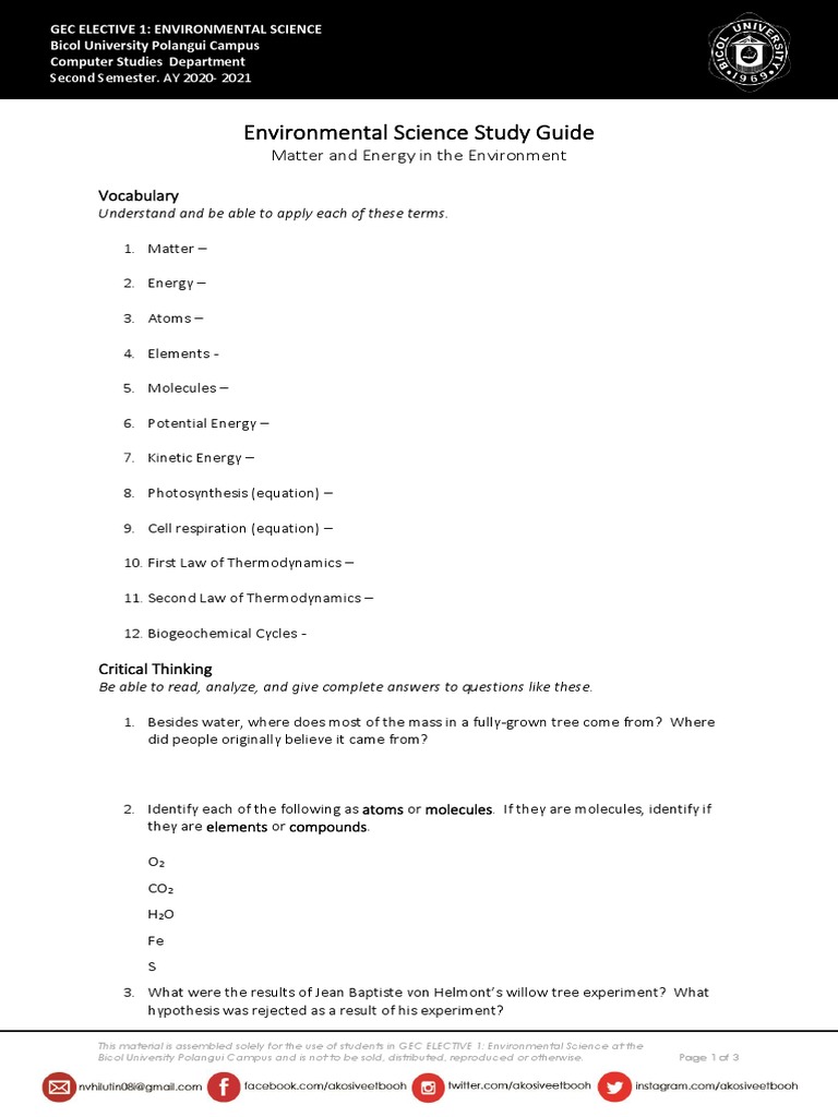 Energy and Matter Study Guide | PDF | Food Web | Nature