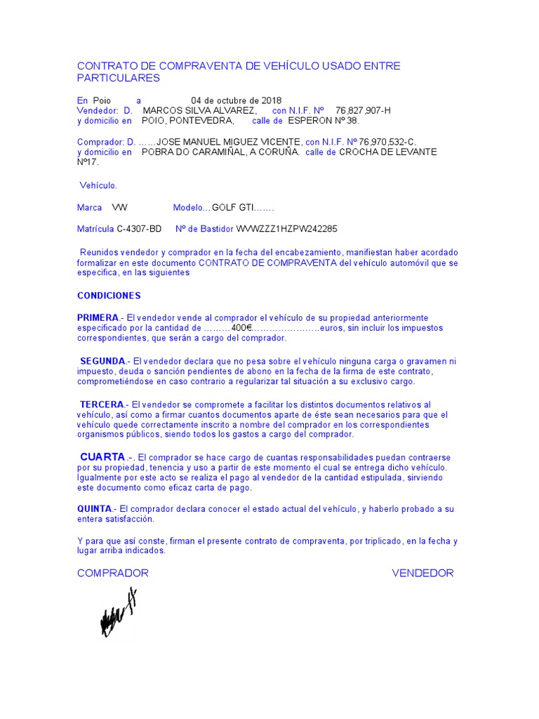 Contrato de Compraventa de Vehículo Usado Entre Particulares | PDF