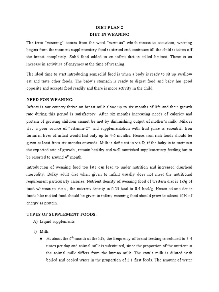 Diet Plan 1 - Weaning Food | PDF | Diarrhea | Weaning