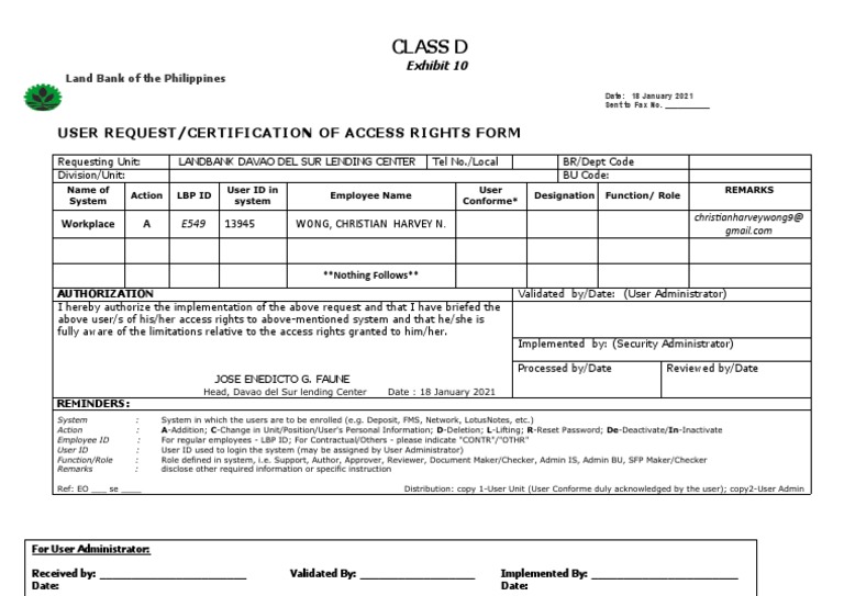 Class D: User Request/Certification of Access Rights Form | PDF ...