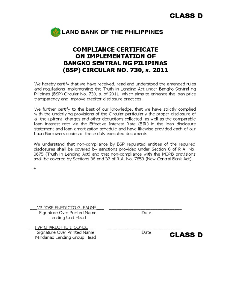 BSP Compliance Certificate | PDF | Truth In Lending Act | Loans