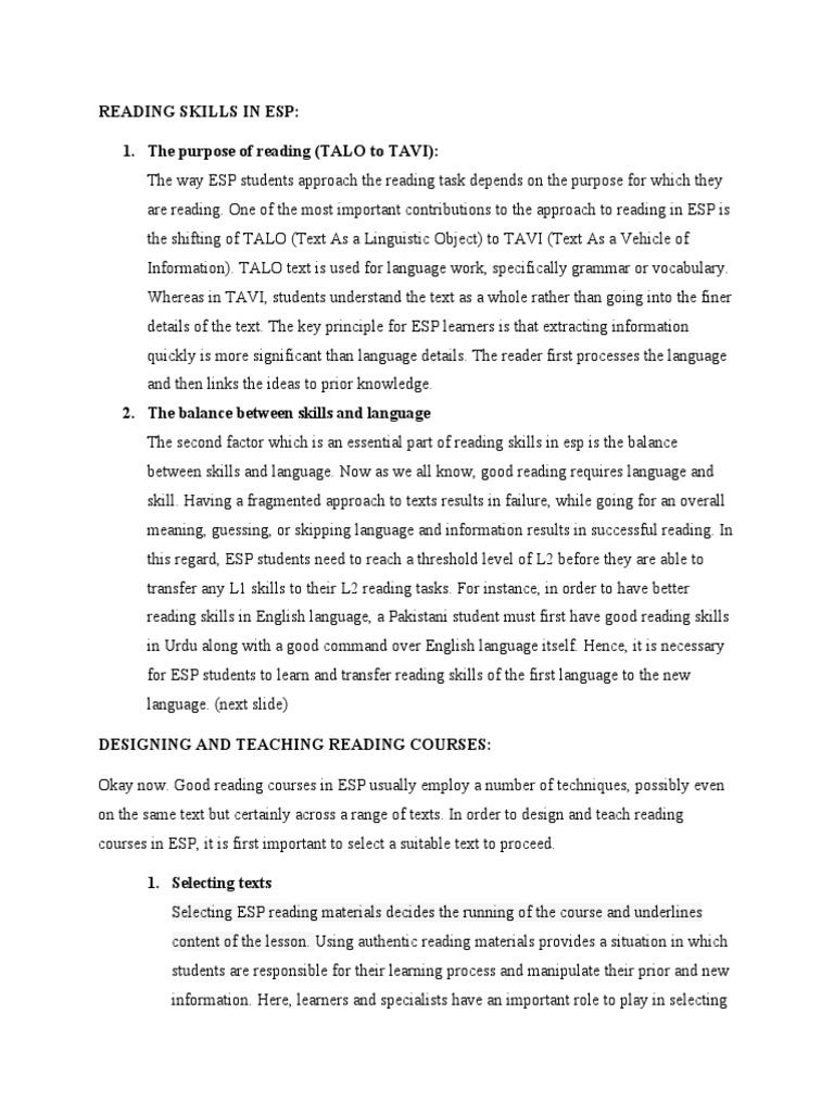 READING SKILLS IN ESP: PURPOSE AND APPROACH | PDF | Second Language ...