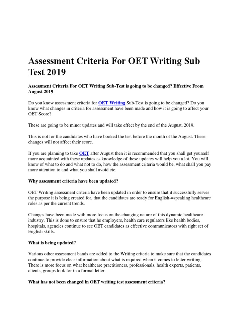 OET Writing Criteria Updates 2019 | PDF | Health Care | Test (Assessment)