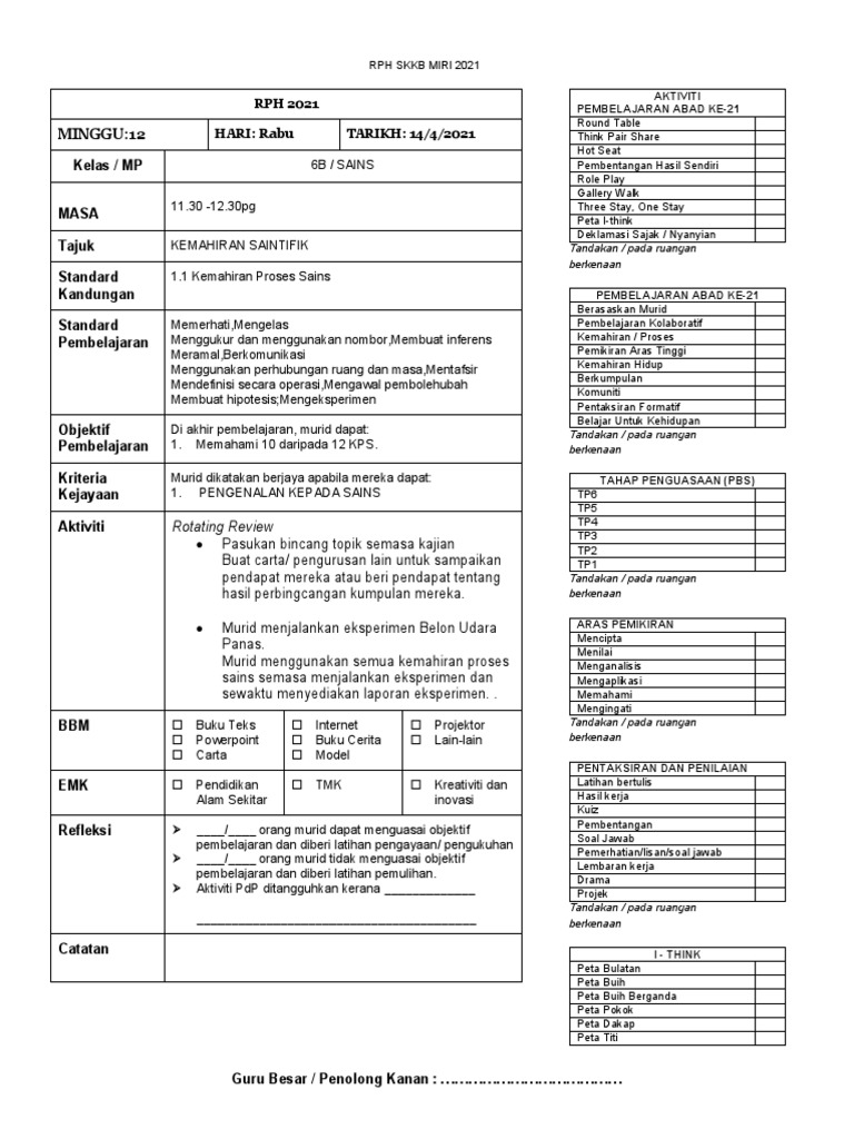 Template RPH Sains 2021 SKKB | PDF