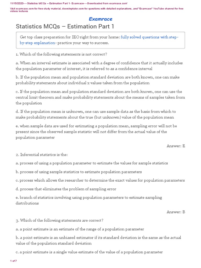 Statistics Mcqs - Estimation Part 1: Examrace | PDF | Confidence Interval | Standard Deviation