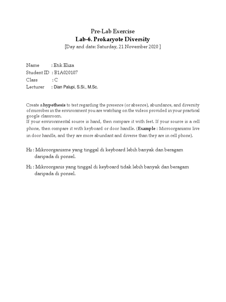 (Template) Pre-Lab Exercise Lab-6. Prokaryote Diversity | PDF