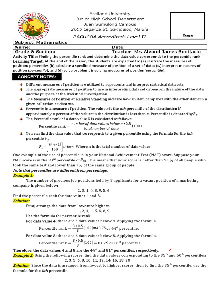Percentile Rank and Data Value Calculation | PDF | Percentile ...