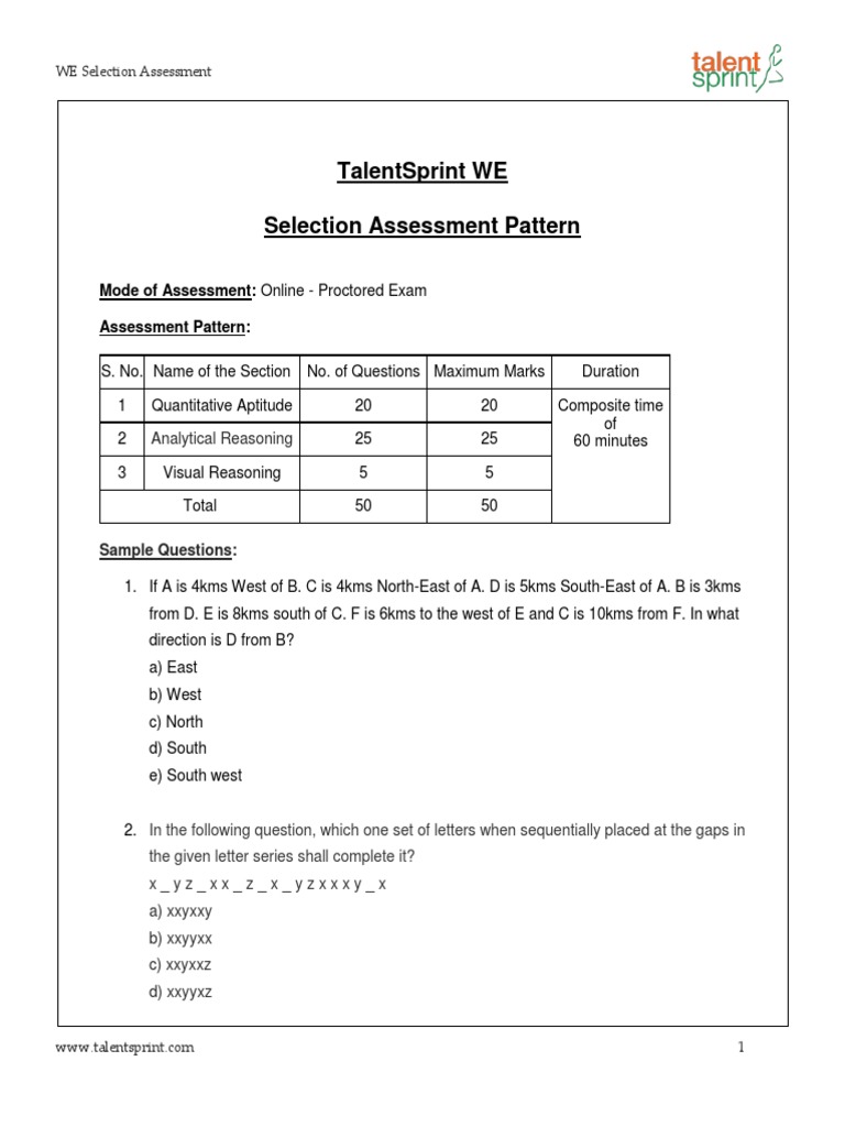 Talentsprint We Selection Assessment Pattern: Mode of Assessment ...