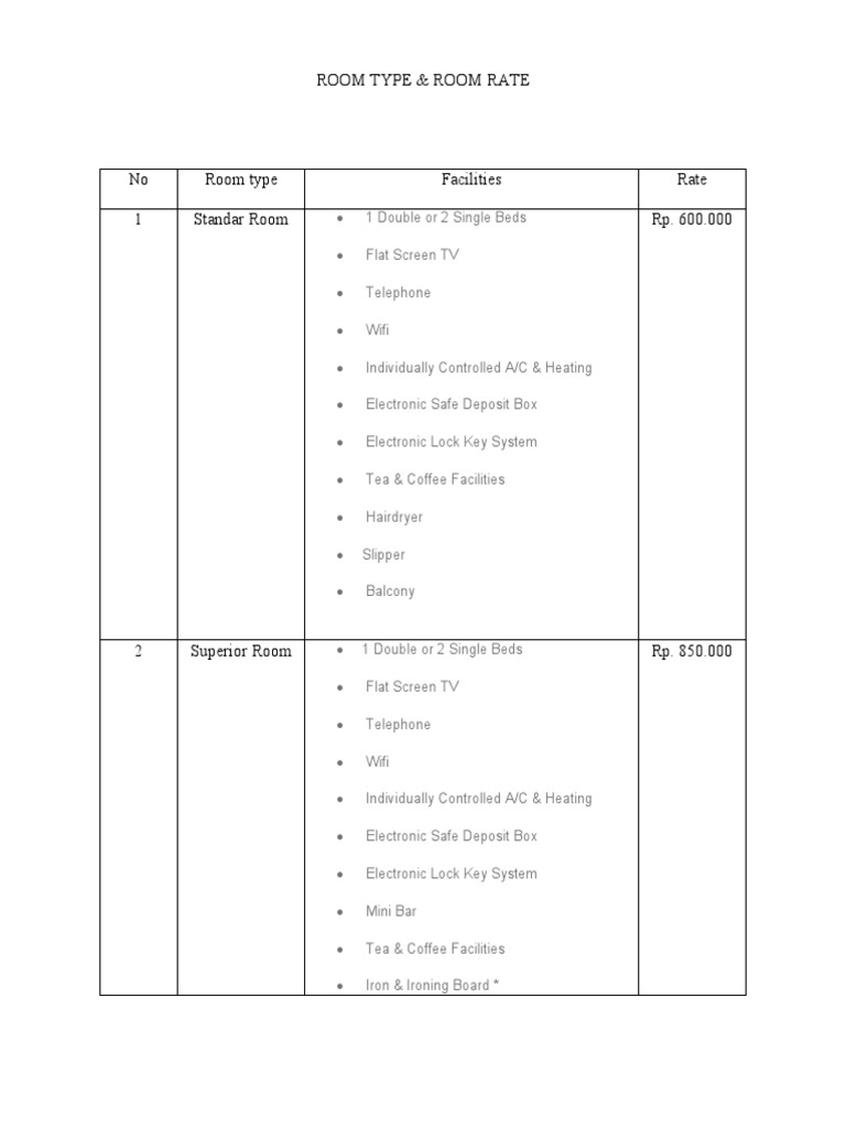 Room Type & Room Rate | PDF | Coffee | Drink