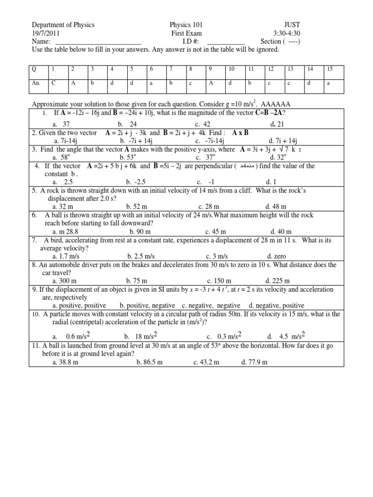 First Exam - Physics 101 | PDF | Acceleration | Velocity