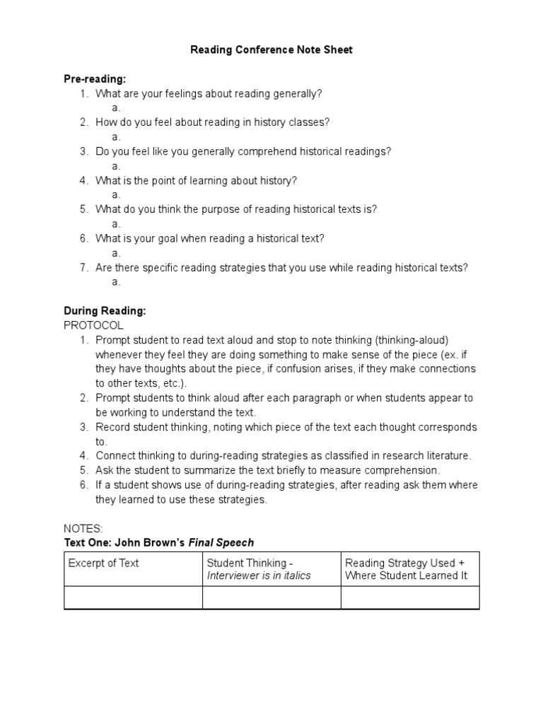 Reading Conference Note Sheet | PDF | Career & Growth | Language Arts ...