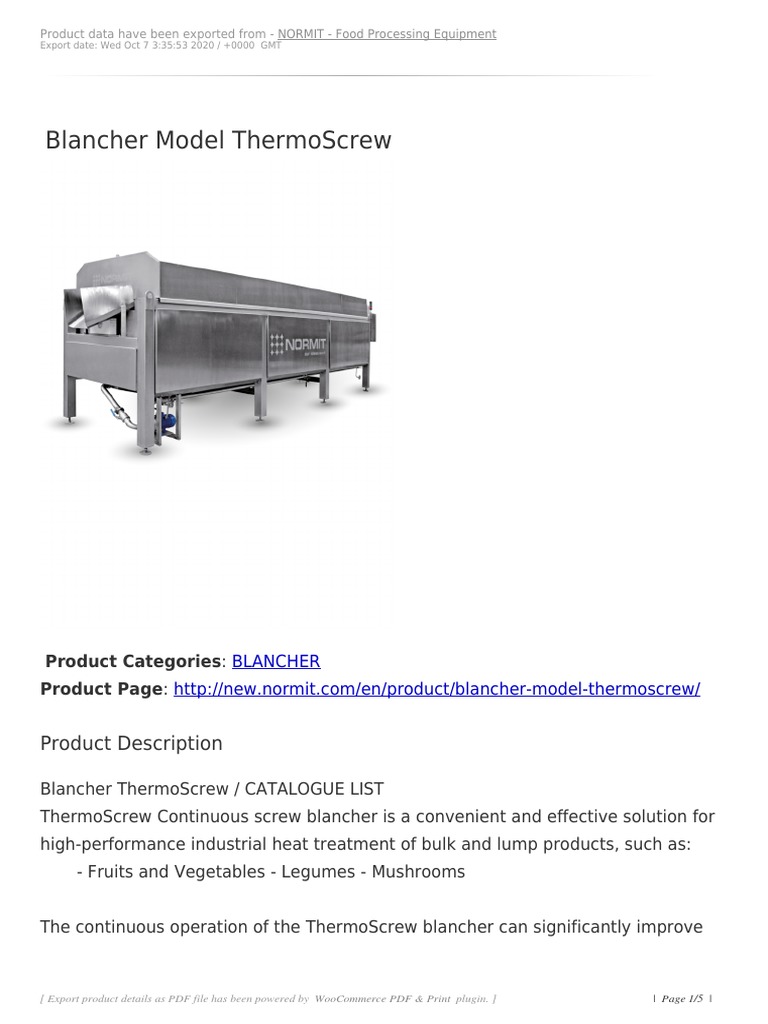 Blancher Model Thermoscrew: Product Description | PDF | Technology ...