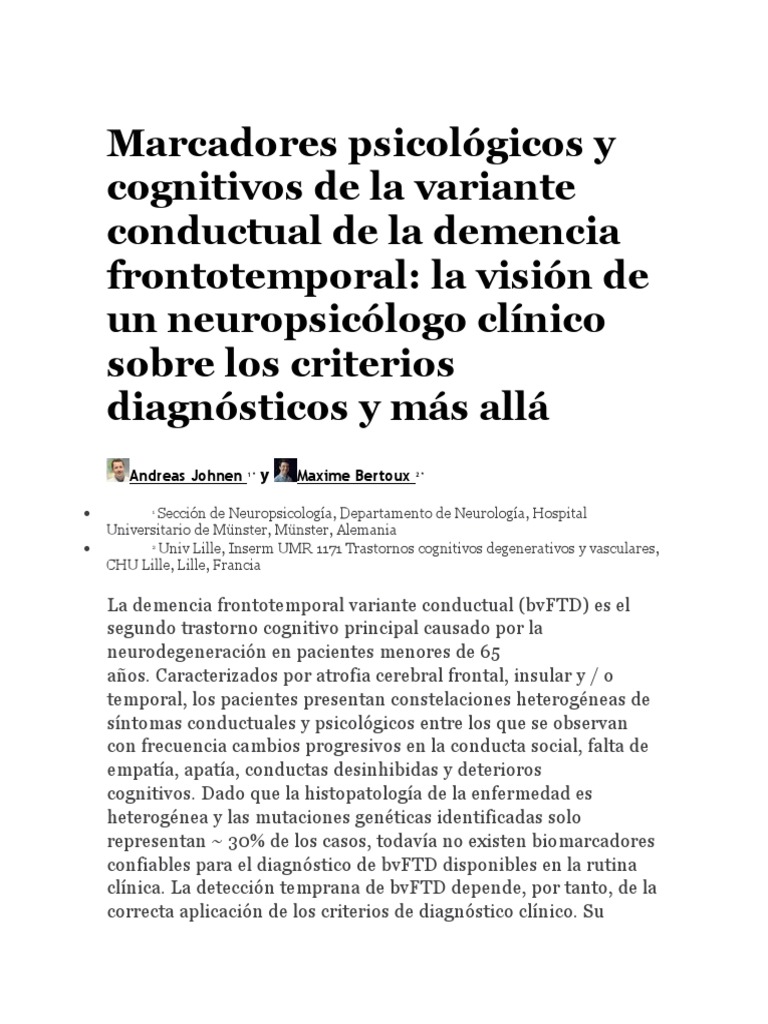 Marcadores Psicológicos y Cognitivos de La Variante Conductual de La ...