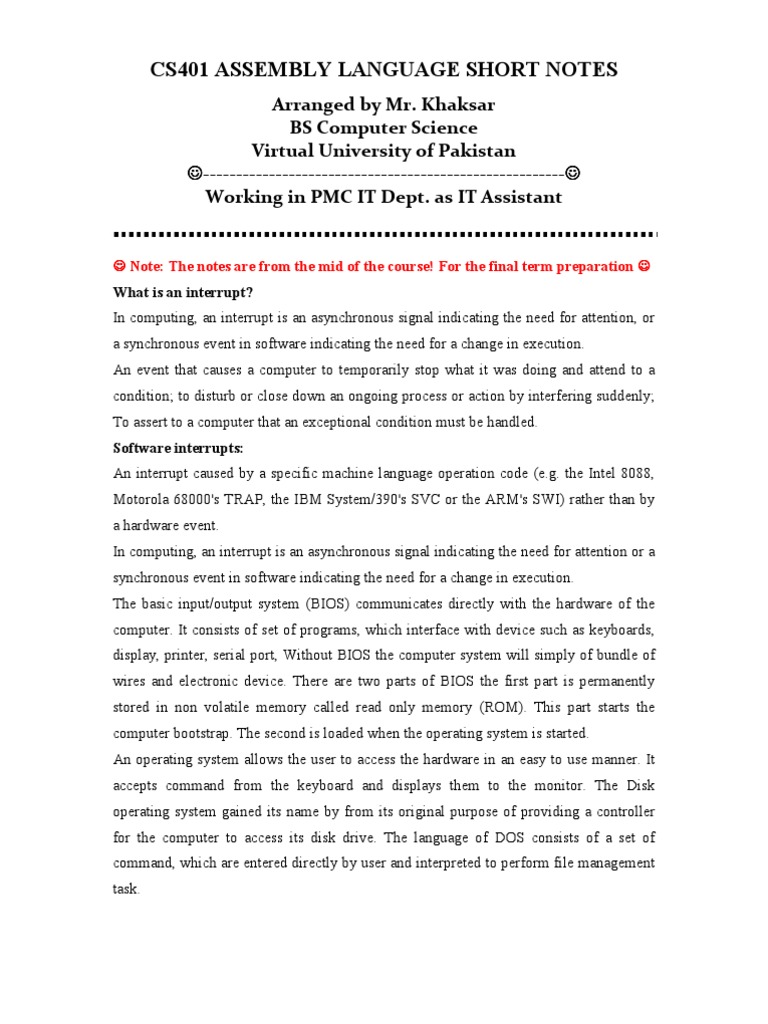 Assembly Language Notes for BS Students | PDF | Floppy Disk | Device Driver
