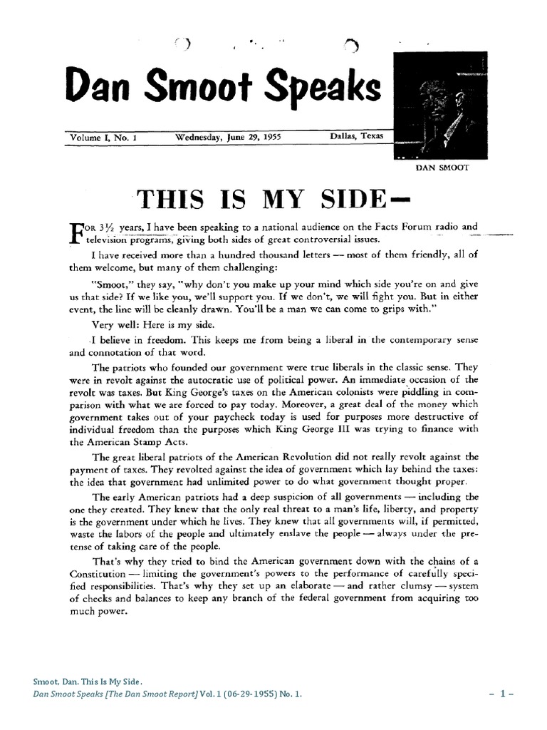 Smoot, Dan. This Is My Side. Dan Smoot Speaks (The Dan Smoot Report ...