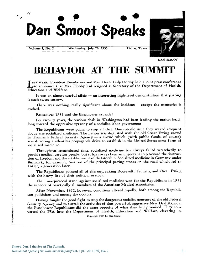 Smoot, Dan. Behavior at The Summit. Dan Smoot Speaks (The Dan Smoot ...