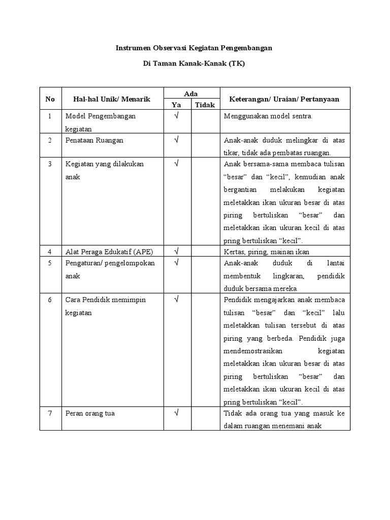 Instrumen Observasi TK | PDF