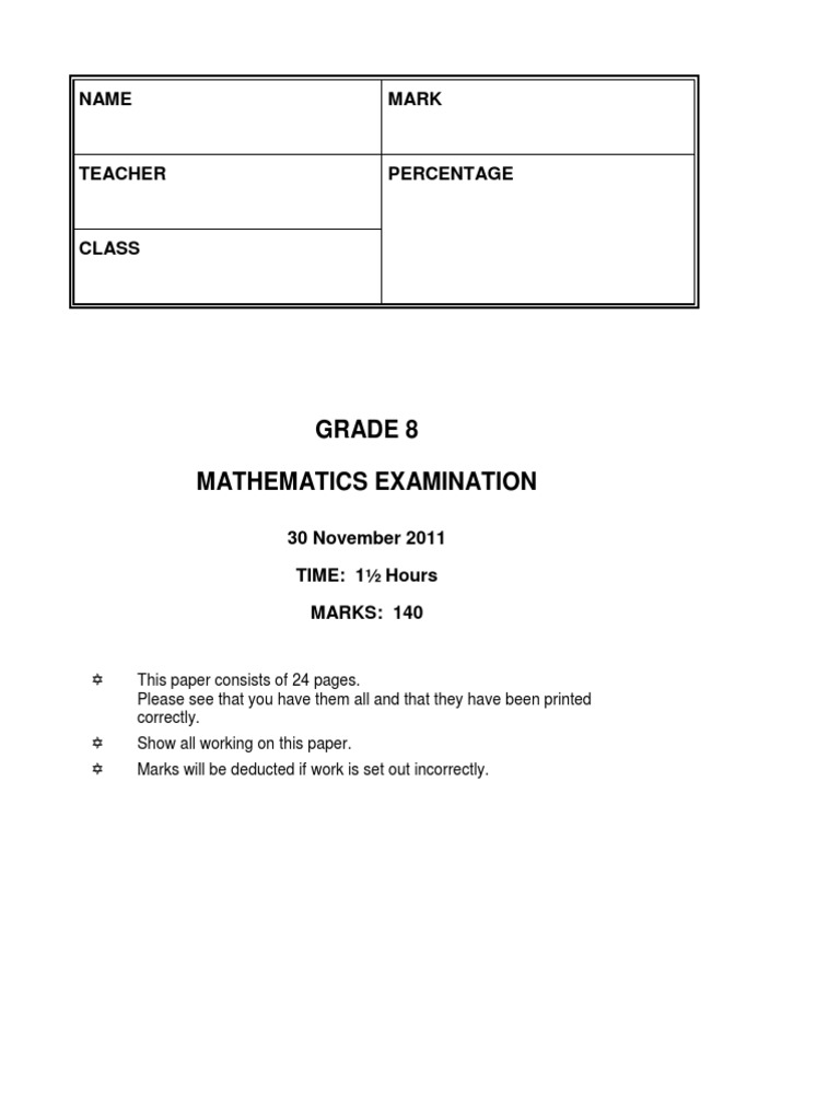 Exam 2 Questions - Gr8 | PDF | Equations | Numbers