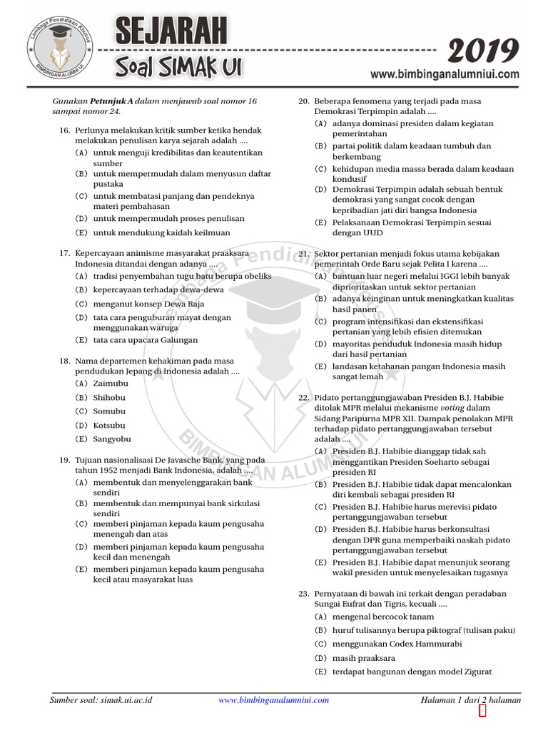 Soal SIMAK UI SEJARAH 2019 - Bimbingan Alumni UI | PDF