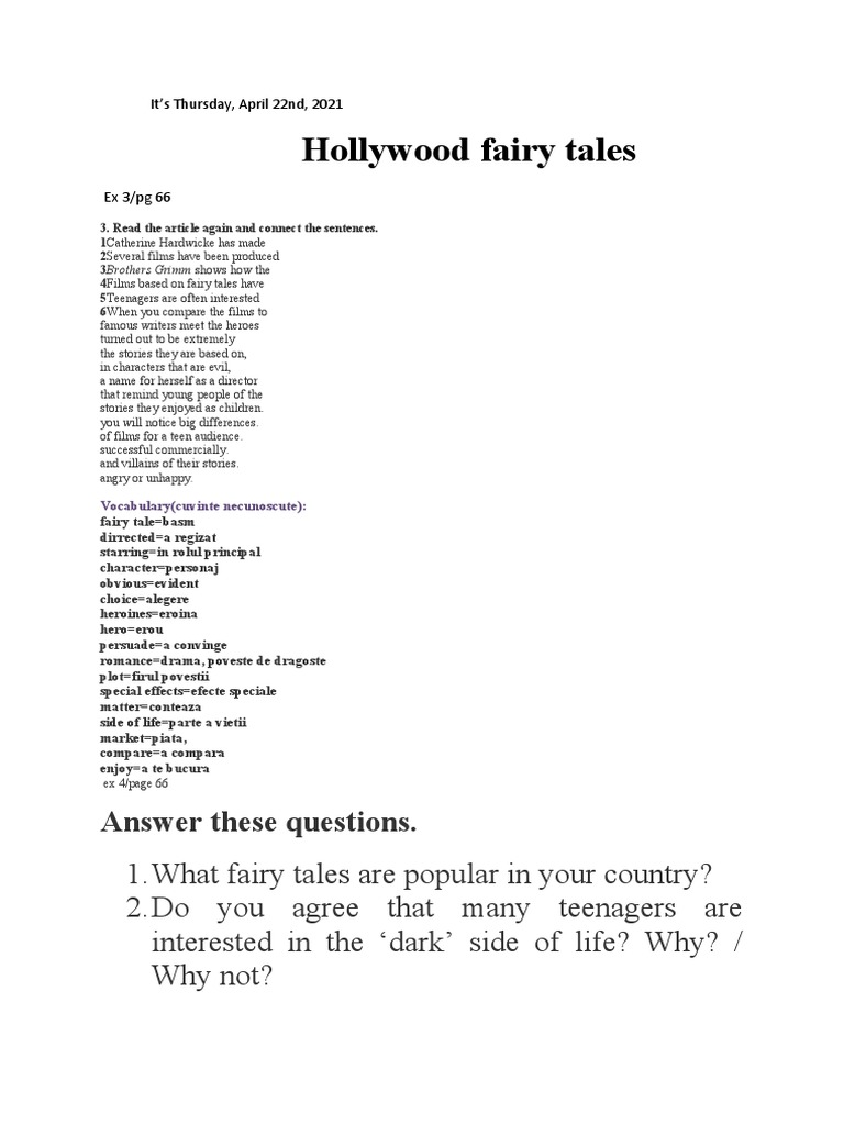 Hollywood Fairy Tales: Answer These Questions | PDF