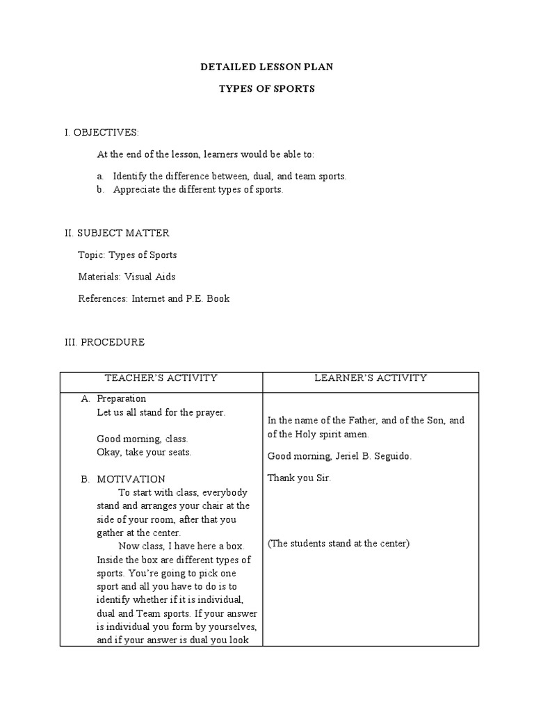 Detailed Lesson Plan Types of Sports | PDF | Sports | Lesson Plan